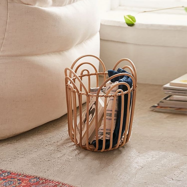 Rustic Rattan Round Laundry Basket Natural Wood Organizer｜Homary