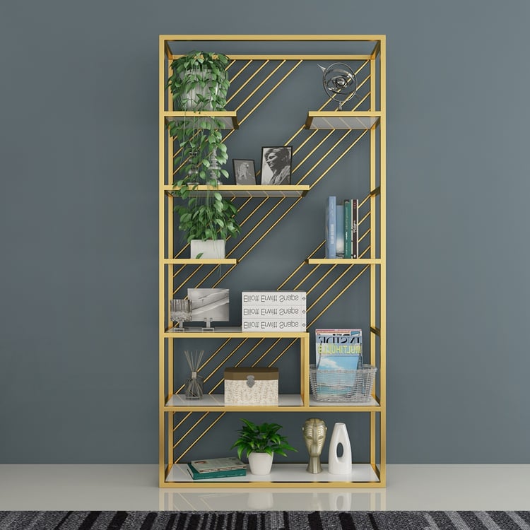 70" Contemporary Etagere Bookshelf in Gold & White｜Homary