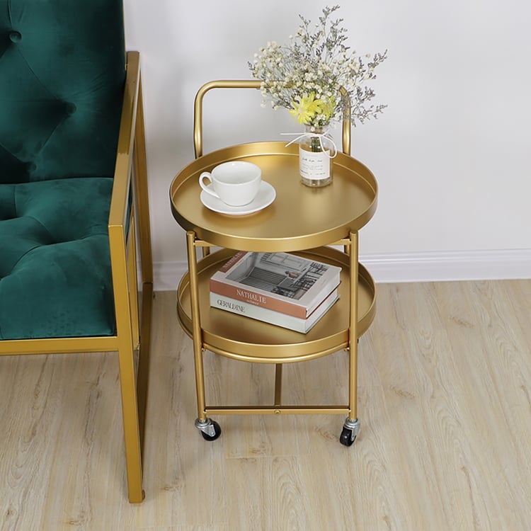 400mmDia Round Rolling Storage Cart 2-Tier Tray with 4 Casters Metal ...