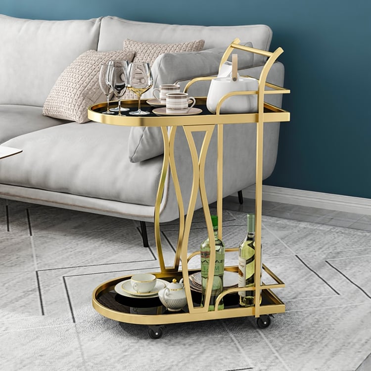 Gold Bar Cart with 2 Tier Black Tempered Glass Shelves 33.5"H｜Homary UK