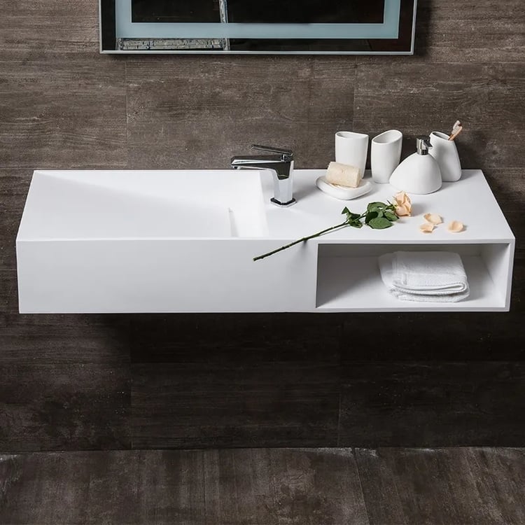 Modern Wall-Mount Stone Resin Wash Basin in Matte White with Storage ...