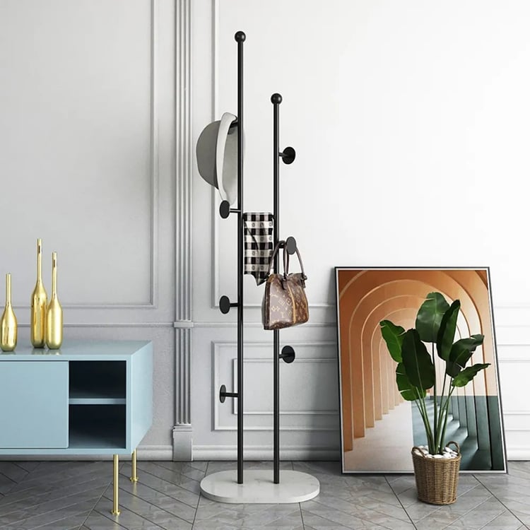 66" Black Modern Chic Metal Freestanding Coat Rack with Rail Marble ...