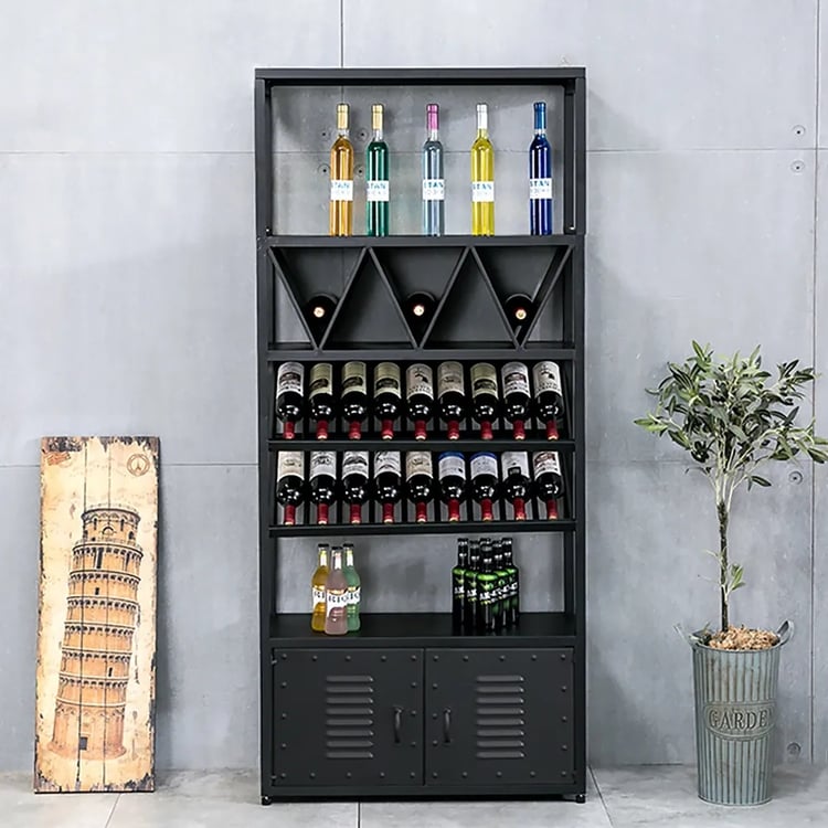 Industrial Contemporary Standing Metal Wine Rack in Black | Homary