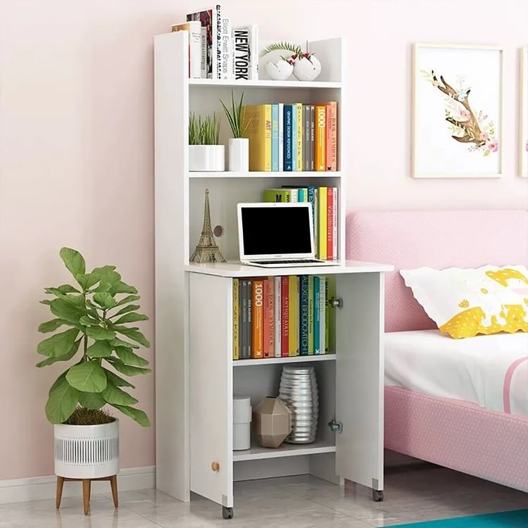 Multifunction Standard Bookshelf with Door and Desk&Caster in White ...