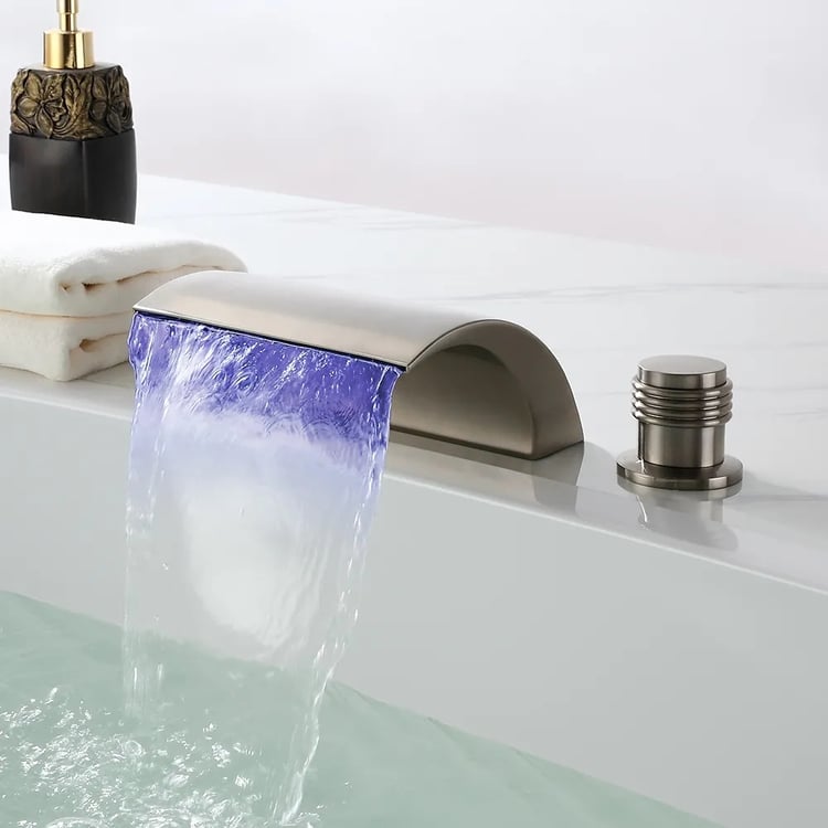 Victoria Classic Waterfall LED Double Handle Roman Tub Filler Faucet Brushed Nickel Homary