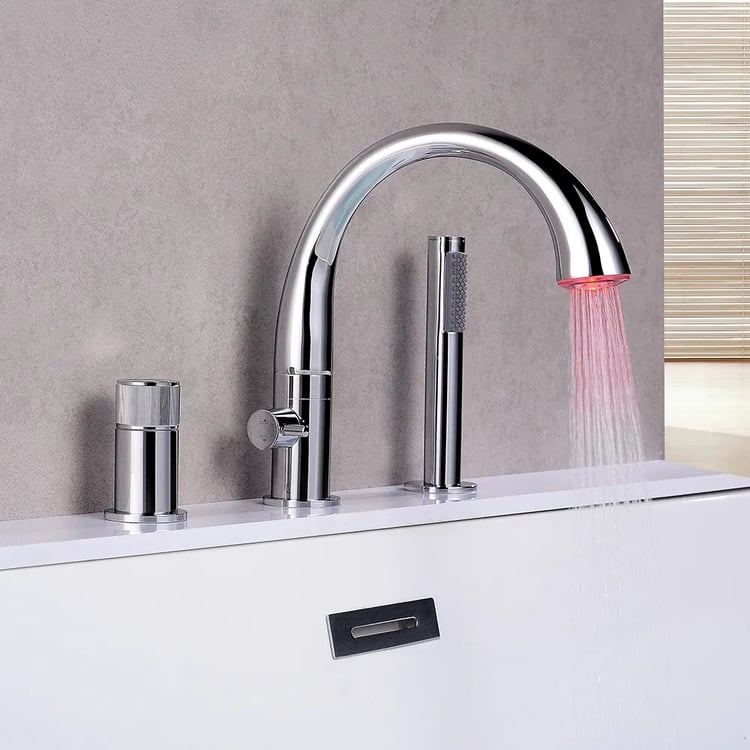 LED 3-Piece Deck Mounted Waterfall 3-Hole Bath Tap & Hand Shower Solid ...