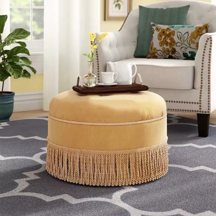 Retro Tassel Ottoman Round Stool Upholstered Ottoman 23.6''-B｜Homary