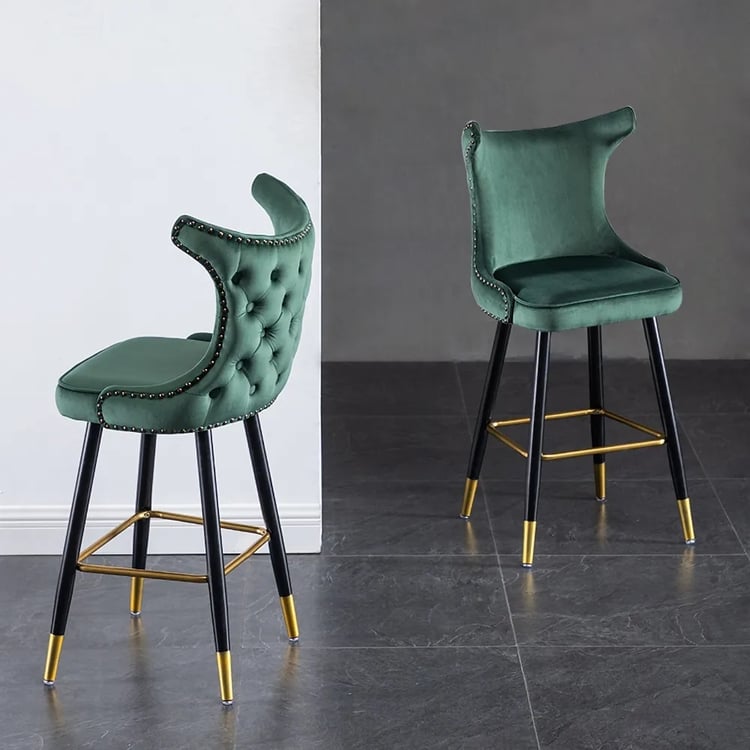 Green Counter Height Bar Stool Velvet Upholstery with Tufted Back (Set ...