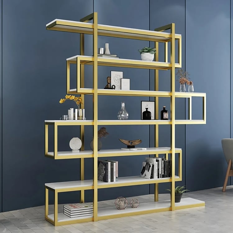 78" Minimalism 6-Tiered Etagere Bookshelf in Gold & White｜Homary