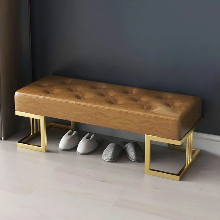 Tufted Bench Upholstered Bench Entryway PU Leather Modern Bench in Gold ...