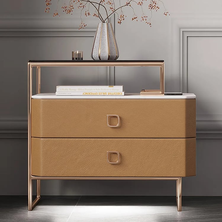 Orange Nightstand Microfiber Leather Upholstery Bedside Table with ...