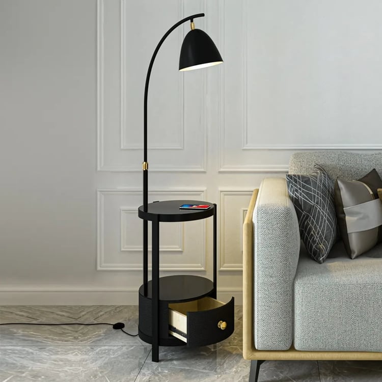 Modern Black End Table Floor Lamp with Shelves and Table and Drawer LED ...