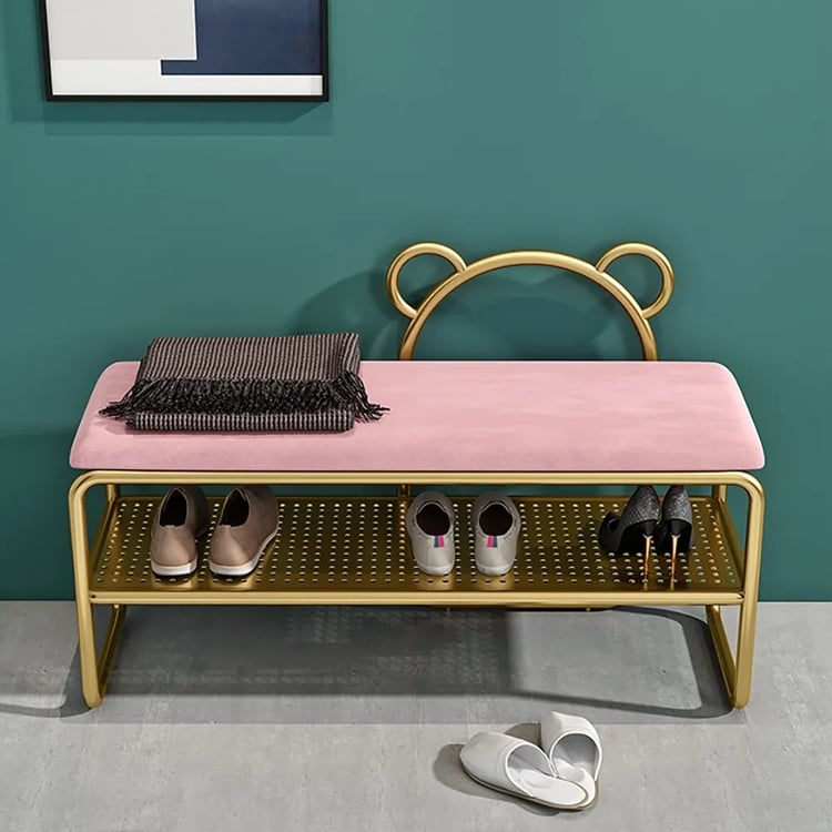 1000mm Pink Bear Modern Velvet Upholstered Bench for Shoe Storage｜Homary UK
