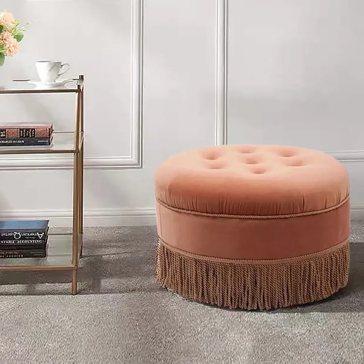 Retro Tassel Ottoman Round Stool Upholstered Ottoman 23.6''-A｜Homary