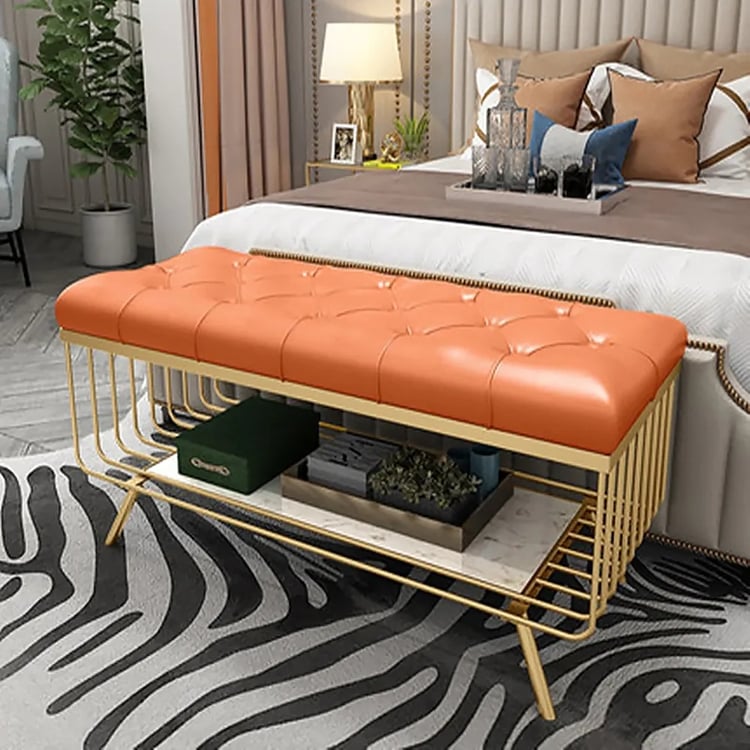 Orange Luxury Shoe Bench Leather Upholstered Footstool for Bedroom | Homary