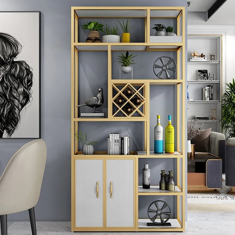 1800mm Luxury Standing Wine Rack Cabinet in White & Gold | Homary UK