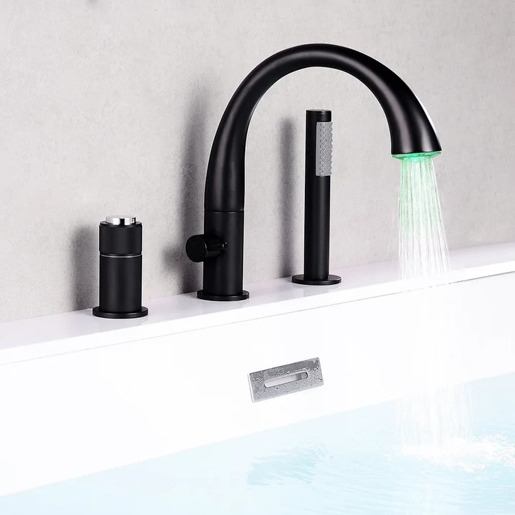 LED 3-Piece Deck Mounted Waterfall 3-Hole Bath Tap & Hand Shower Solid ...