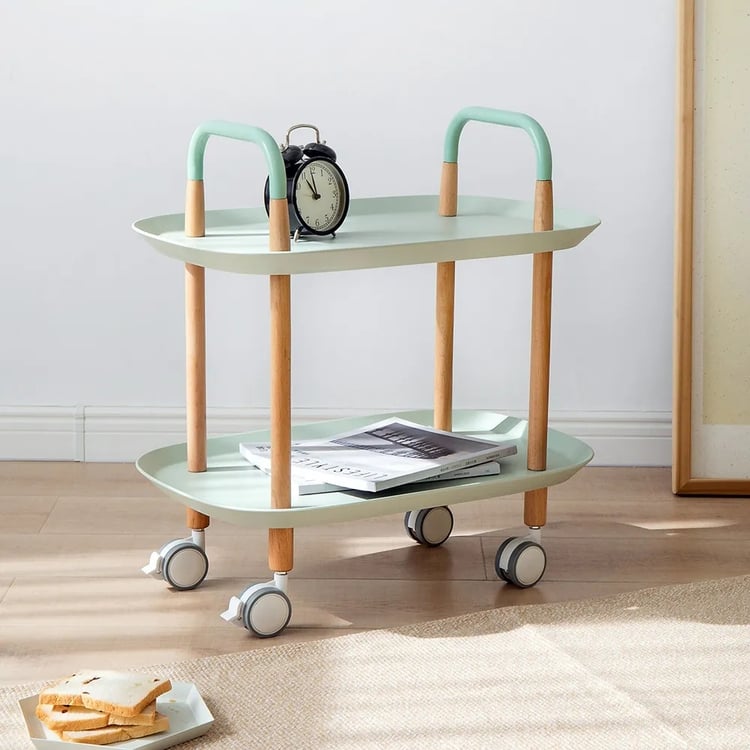 Green Round Tray End Table with Storage 2-Shelf with Wheels｜Homary