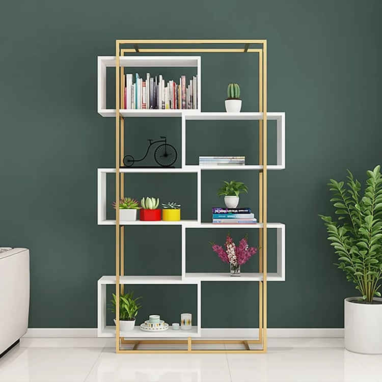 78" Modern 9-Tiered Etagere Bookshelf in Gold & White | Homary