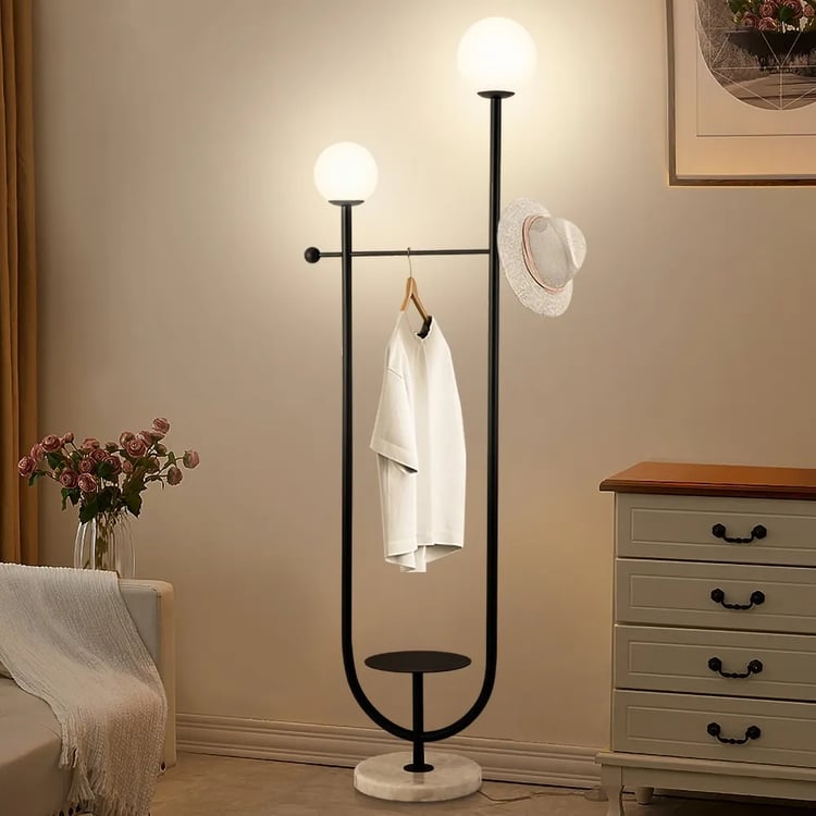 Black Shelf LED Floor Lamp 2-Light Coat and Clothing Rack｜Homary