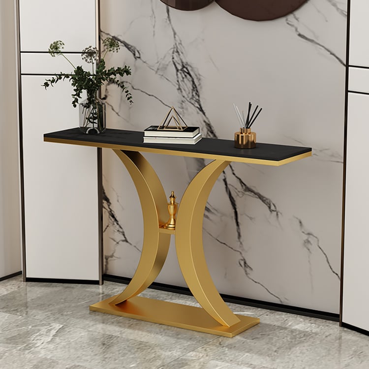 Black Modern Narrow Console Table with Sintered Stone Top & Metal Frame ...