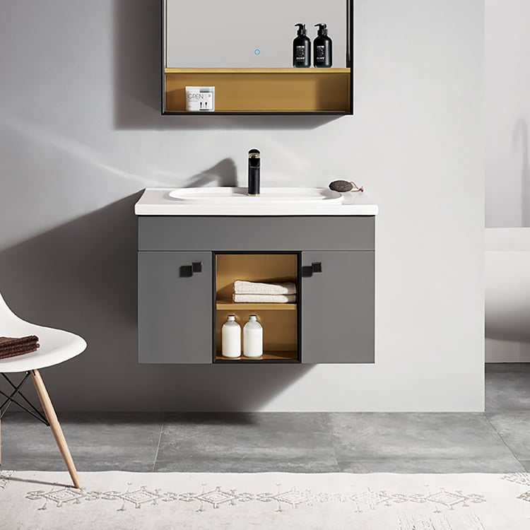 Gray Floating Bathroom Vanity Integral Ceramic Undermount 2 Doors 1 ...