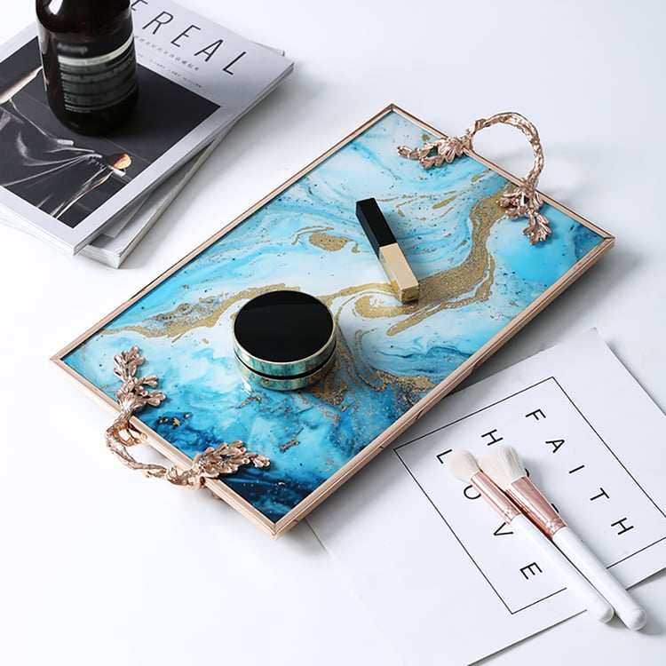 Blue Modern Vanity Tray Serving Tray with 2 Golden Handles｜Homary UK
