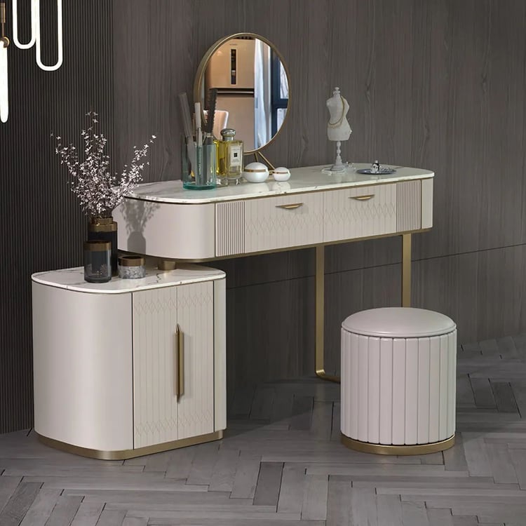 Off White Makeup Vanity Retracted&Extendable Dressing Table with 2 ...
