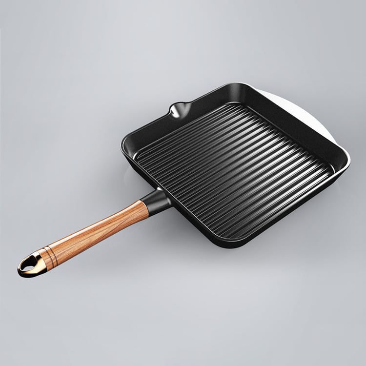 Nonstick Cast Iron Grill Pan Frying Pan with Wooden Handle | Homary UK