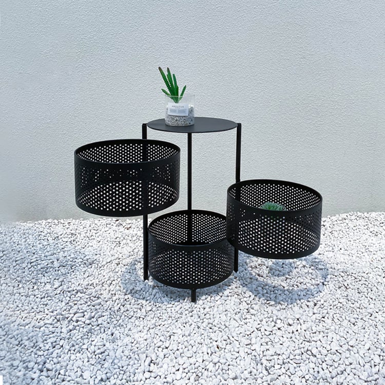 340mmDia Simple Modern Black Metal Rotating Side Table with 3 Storage ...