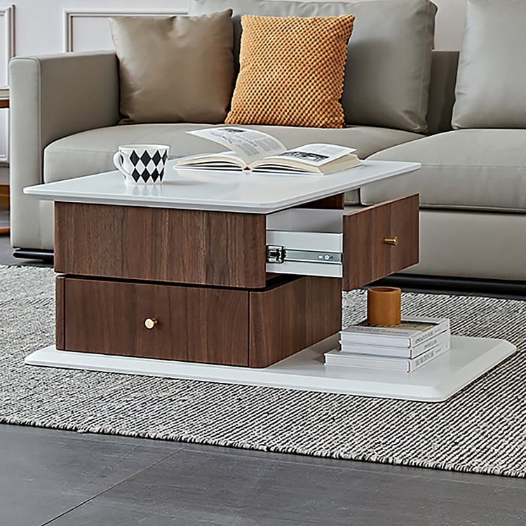 Modern White & Walnut Wood Coffee Table with 360° Rotating Top & 2 ...