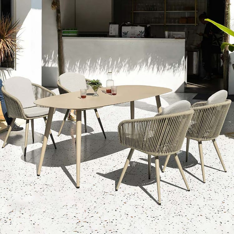 7-Pieces Rope Woven Outdoor Dining Set with Aluminum-top Table and 6 ...