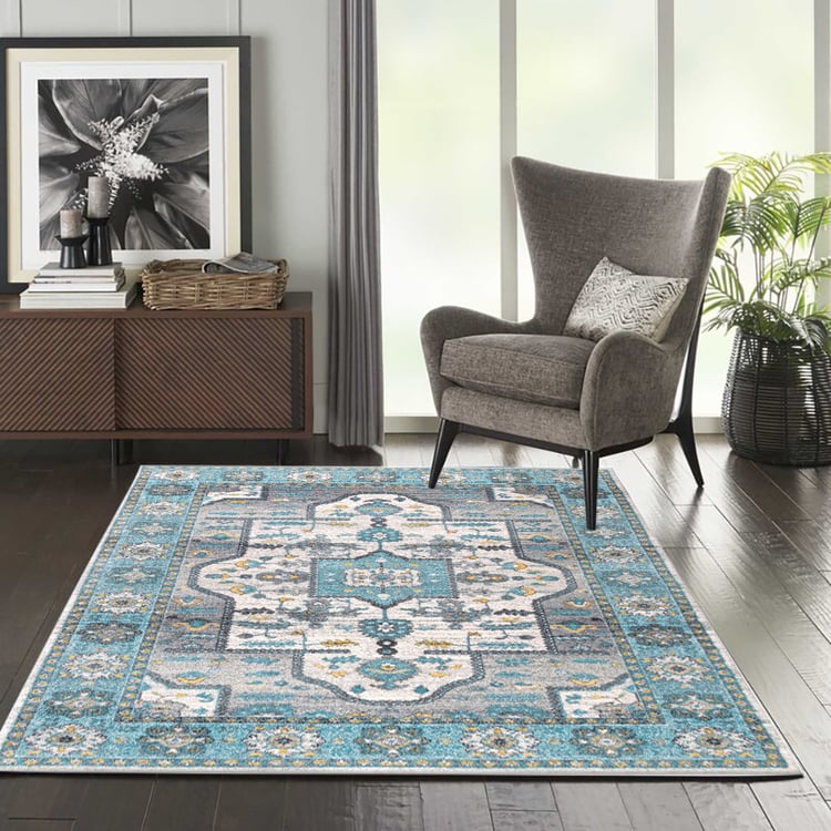 1500mm × 2400mm Retro Ethnic Style Light Blue & Grey Rectangle Area Rug ...