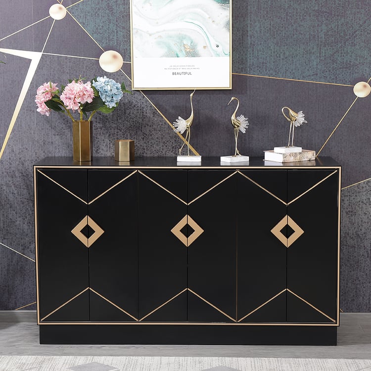 Modern Black Sideboard Solid Wood 1500mm Buffet 6 Doors Triangular ...