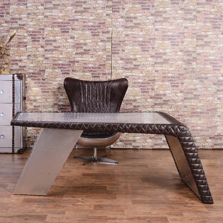 1930mm Aviator Desk with Storage Aluminum and Leather Office Desk ...