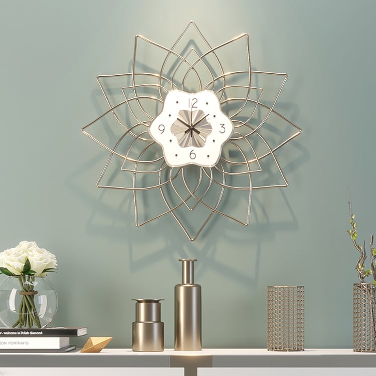 Modern Metal Wall Clock with Creative Geometric Floral Frame in White ...