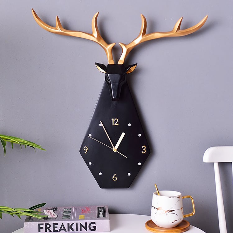 Black 3D Deer Head Resin Large Wall Clock Creative Home Decor with ...