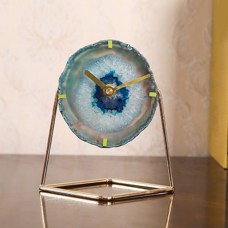 Alloy & Agate Decorative Stone Table Clock with Golden Metal Pointers ...