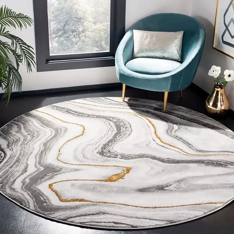 Modern Gray and Gold Abstract Round Velvet Indoor Area Rug 4' | Homary