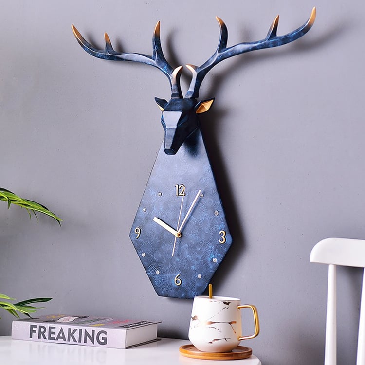 Blue 3D Deer Head Resin Large Wall Clock Creative Home Decor with ...