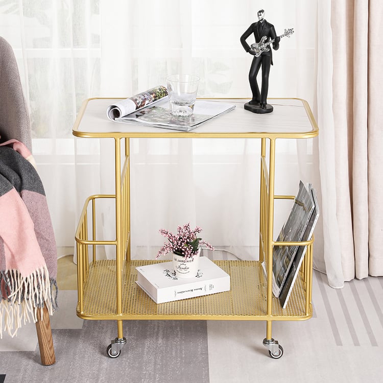 White Modern Rolling Bar Cart on Wheels 2 Tiered Faux Marble Top ...