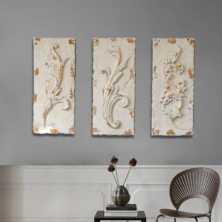 Distressed White Rural Retro Style 3D Floral Relief Rectangular Wall ...