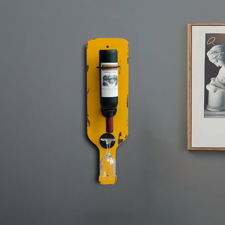 Yellow Unique Bottle Sculpt Wooden Wall Mounted Wine Rack with Glass ...