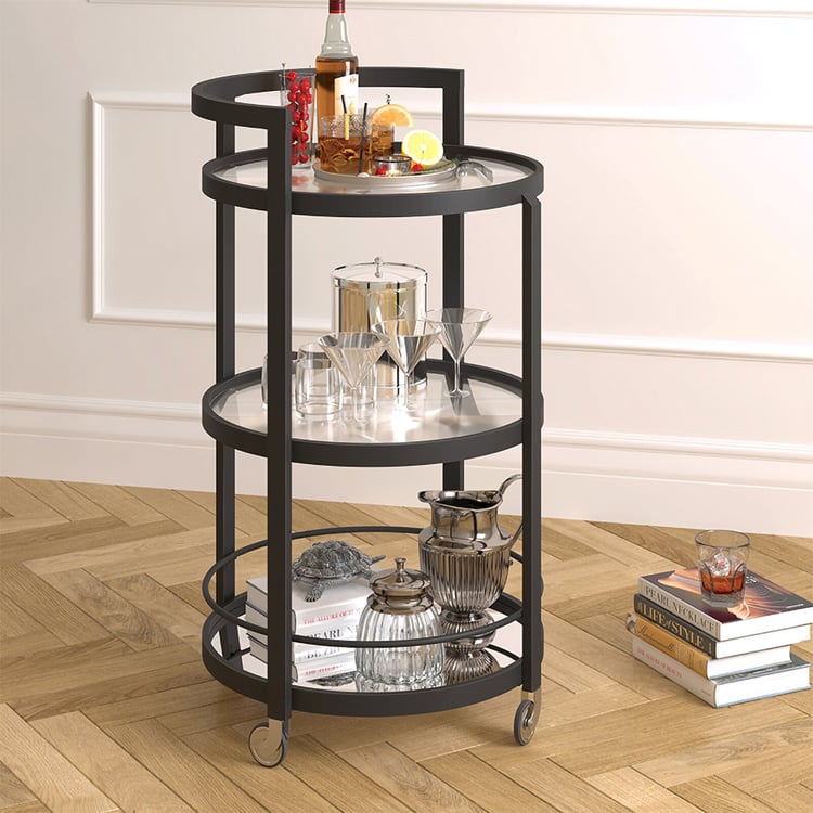 Black Modern Round Bar Cart on Wheels 3 Tiers Glass and Metal｜Homary