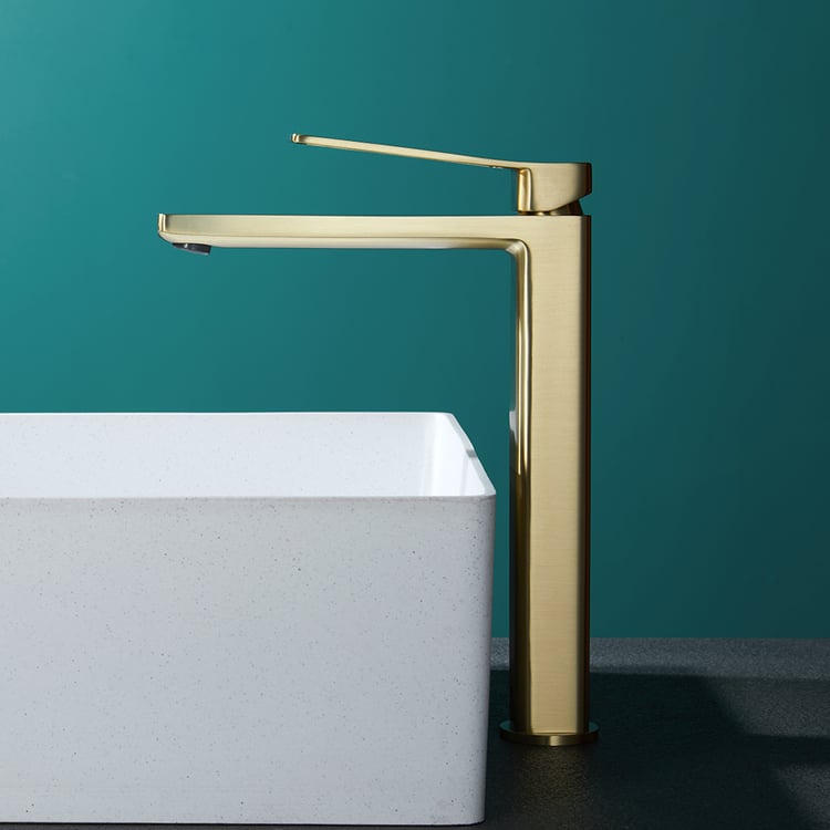Brushed Gold Single Handle Bathroom Countertop Tap 1-Hole Solid Brass ...