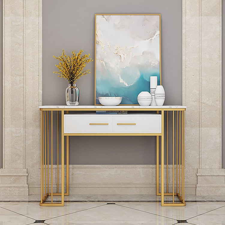 White Modern Console Table with Storage Marble Top & Metal Frame｜Homary UK