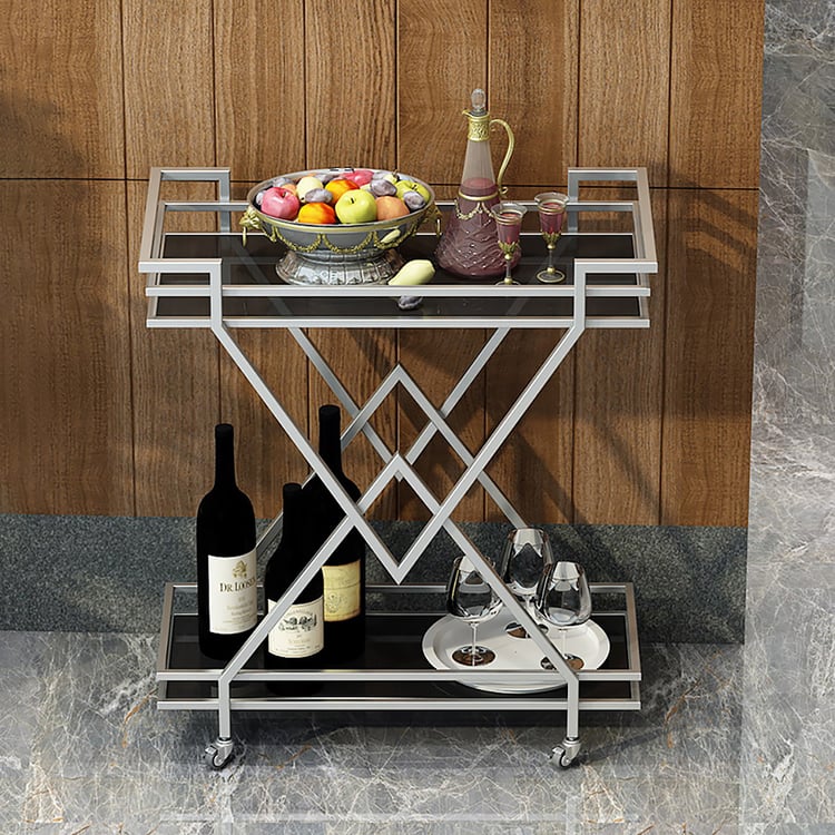 27.6" 2-Tier Rolling Bar Serving Cart with Handles X-Frame in Silver ...