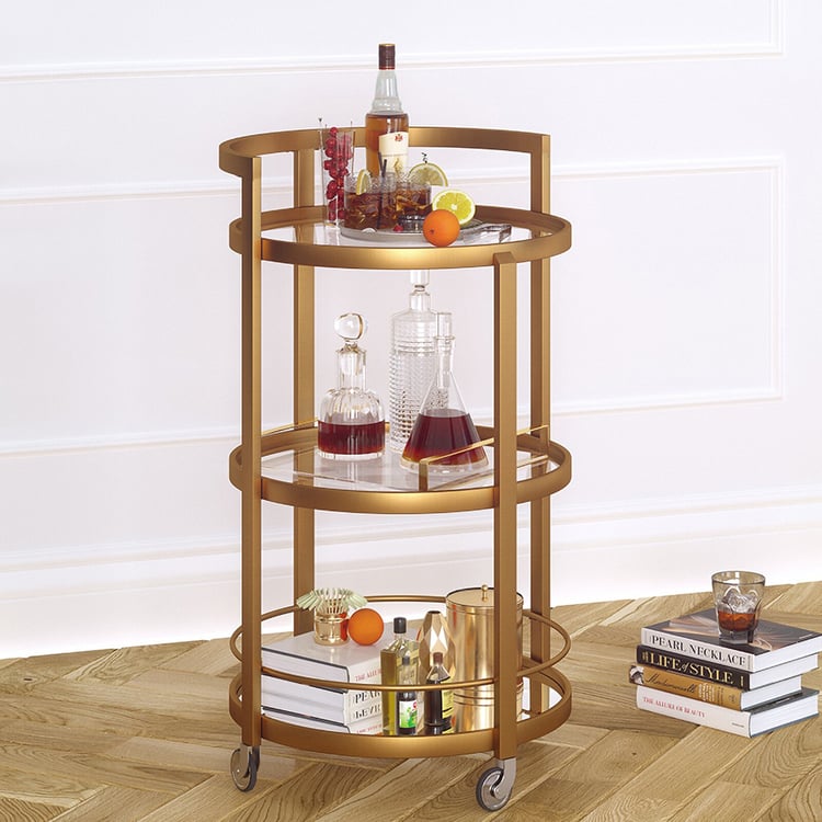 Gold Modern Round Bar Cart on Wheels 3 Tiers Glass and Metal｜Homary UK