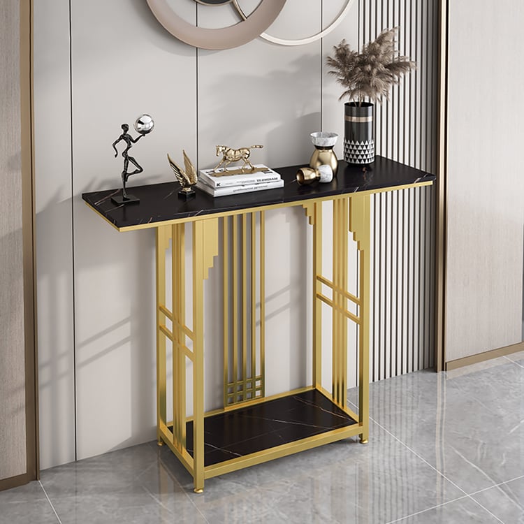 Black Console Table with Storage Sintered Stone Top & Metal Frame｜Homary