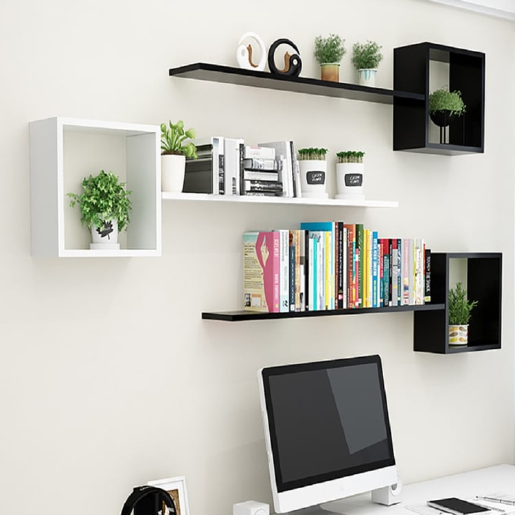 Modern Cube Floating Shelves for Study in White & Black Set of 3｜Homary